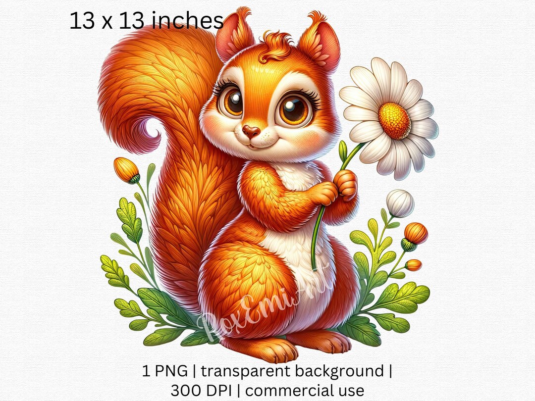 Happy Squirrel With a Daisy Clipart, Cute Squirrel PNG, Woodland ...