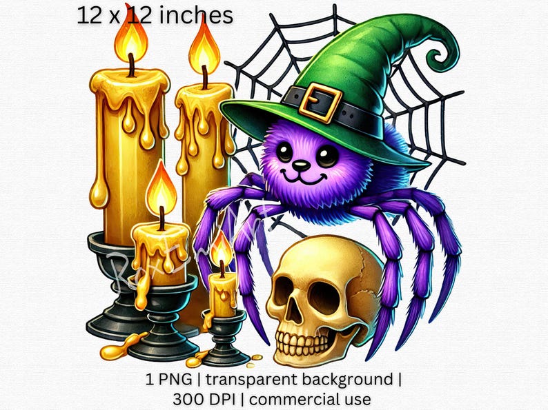 Cute Halloween Spider Clipart, Skull Candle PNG, Spooky Cartoon Web ...