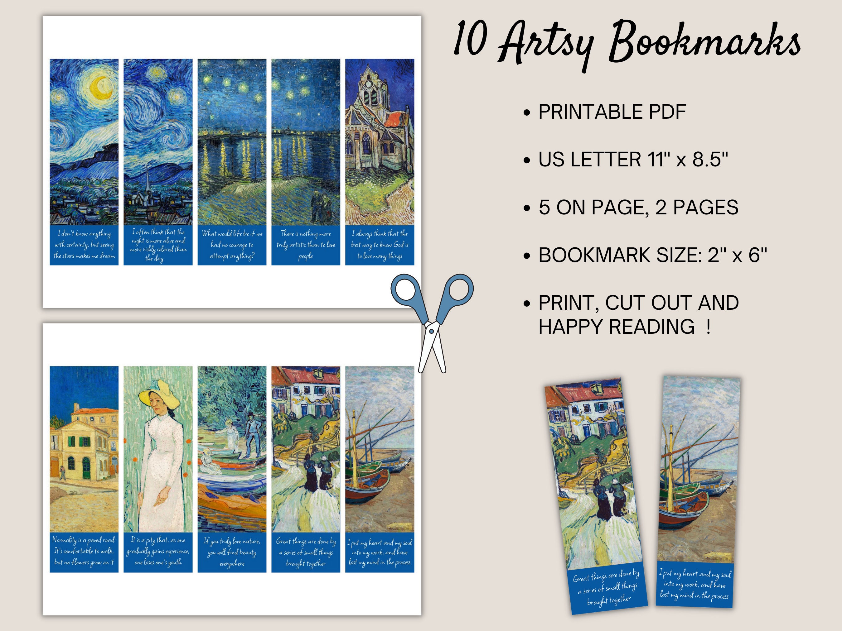 Van Gogh Aesthetic Printable Bookmarks Set of 10 With Quotes, Van Gogh ...