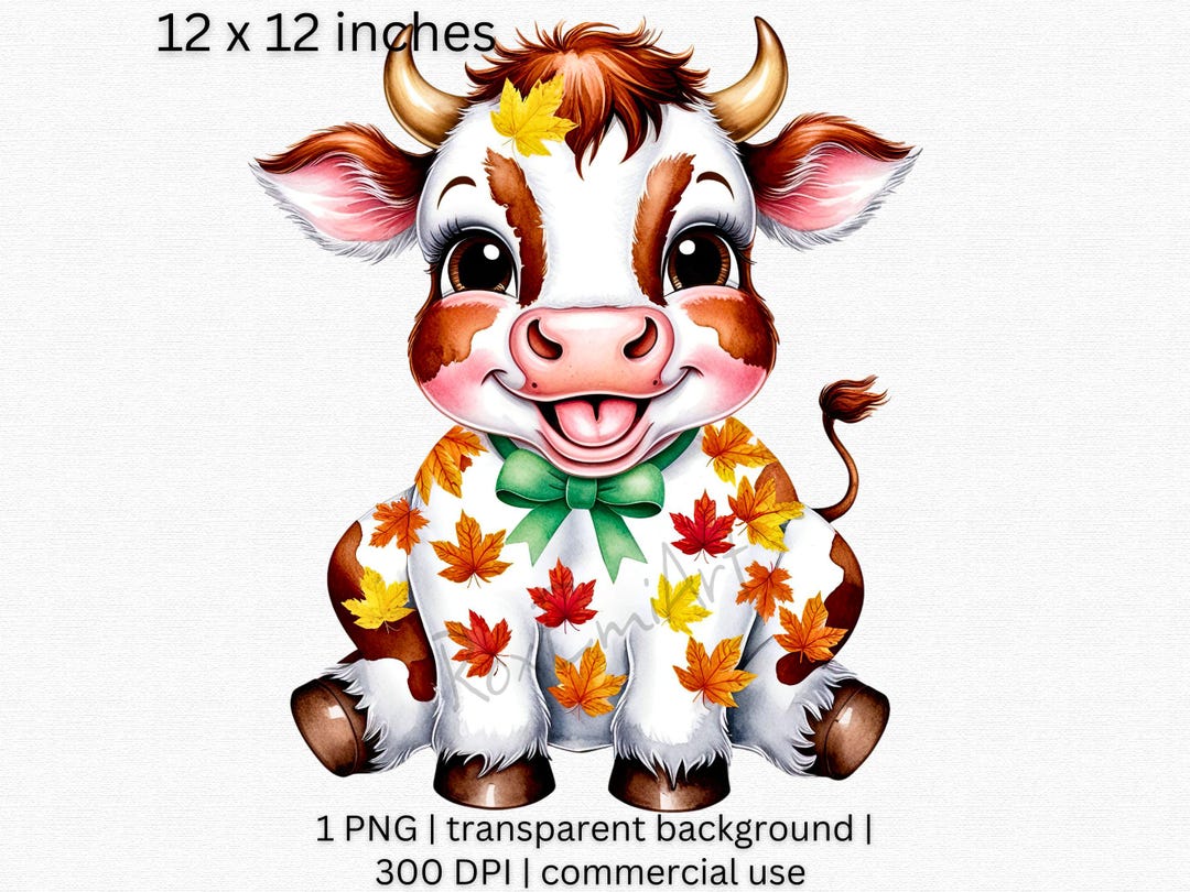 Cute Autumn Baby Cow Clipart, Cute Fall Farm Animal Clipart, Harvest ...