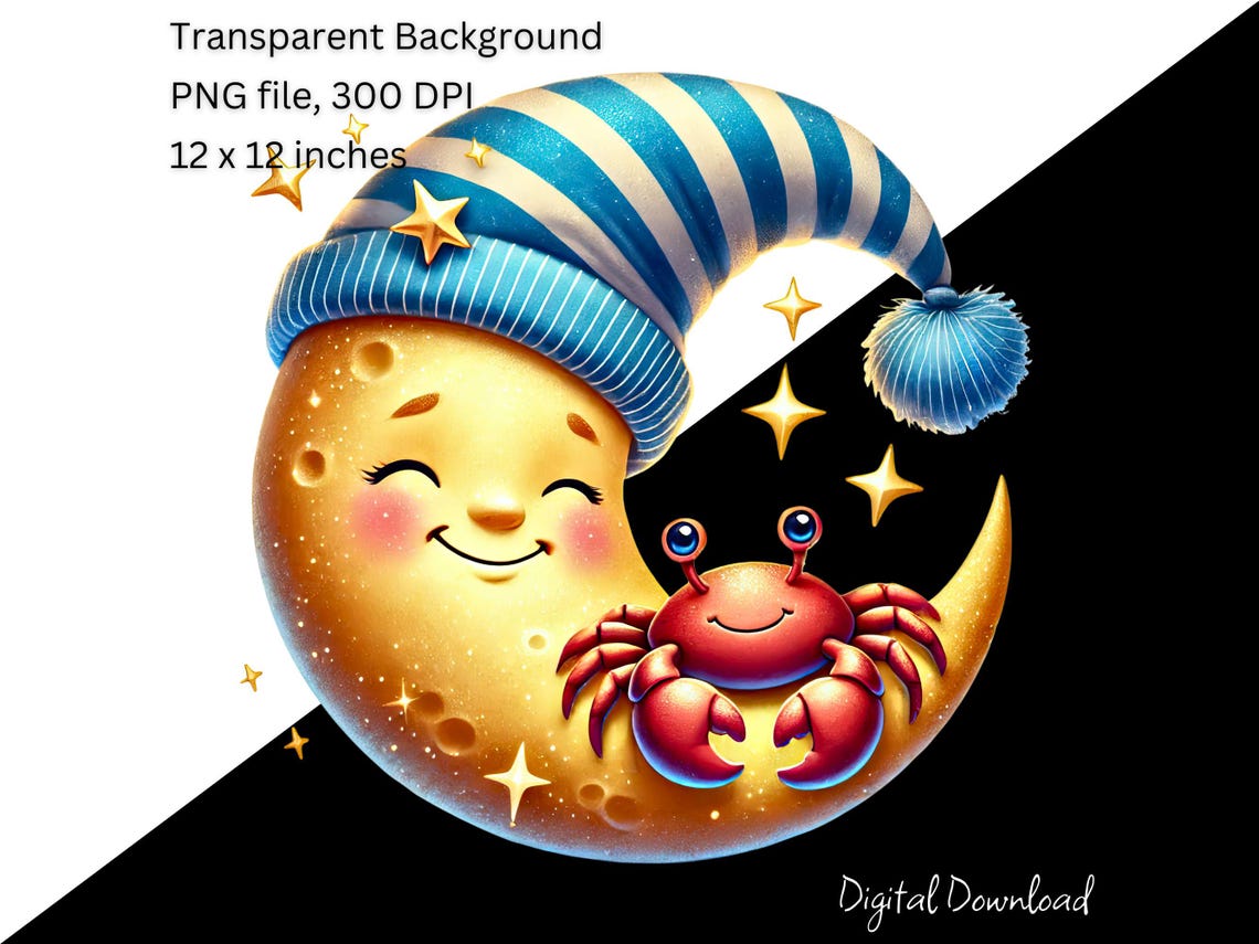 Adorable Sleepy Moon With Smiling Crab Clipart, Dreamy Illustration ...