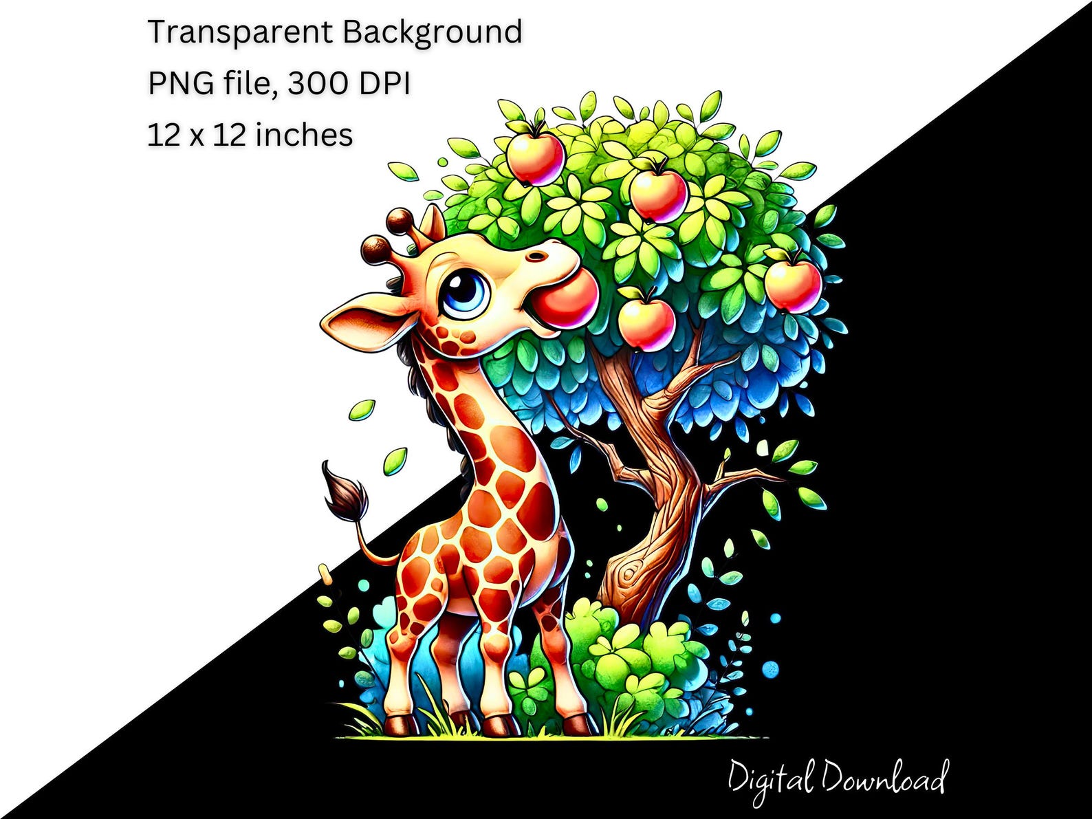 Adorable Baby Giraffe Eating Apples PNG, Cute Animal Clipart, Whimsical ...