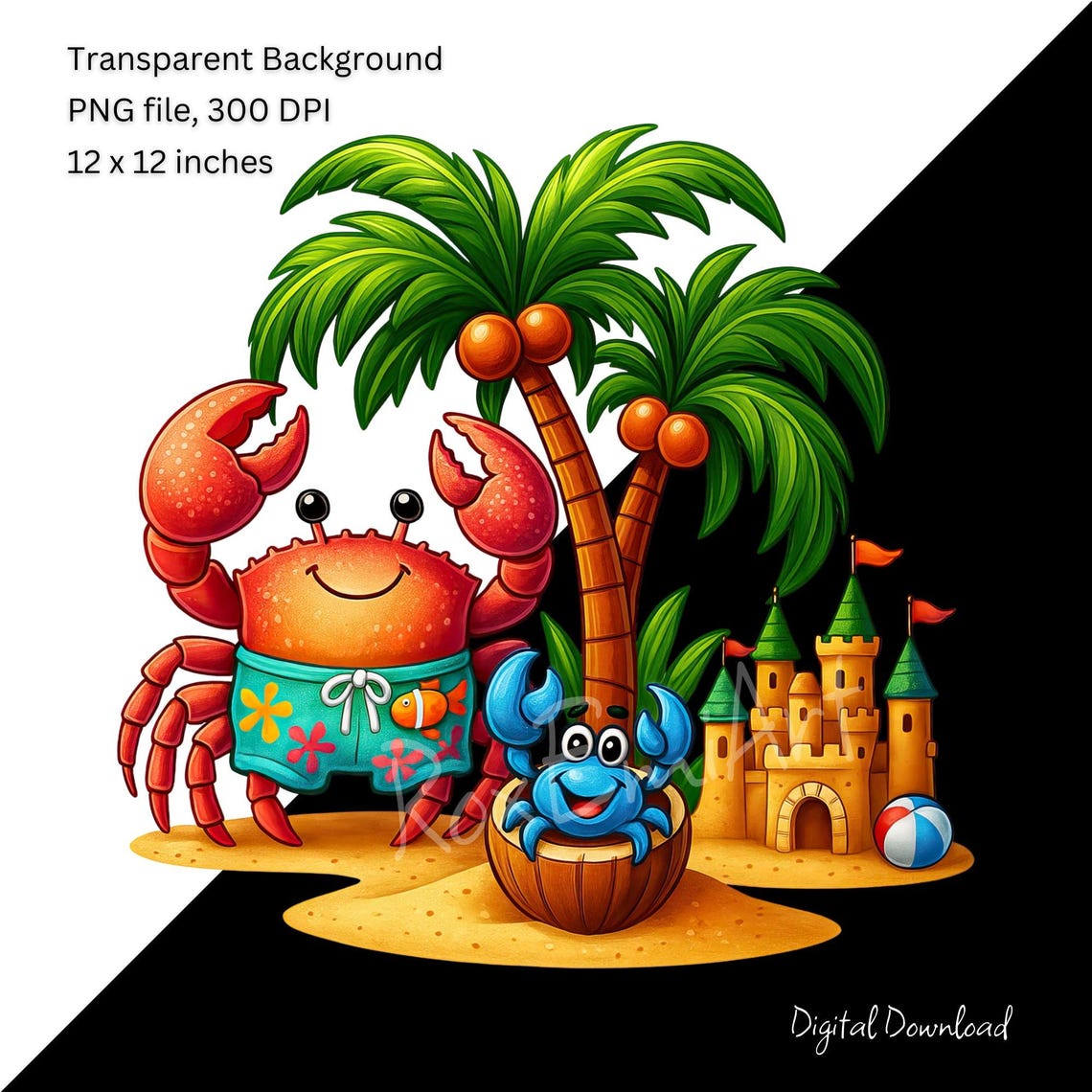 Cute Crab Clipart, Beach Clipart, Fun Vacation PNG, Sandcastle Art ...