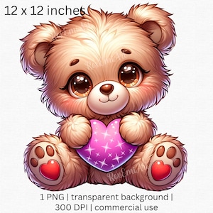 Cute Valentine Teddy Bear Clipart With Glitter Heart, Valentine's Day ...