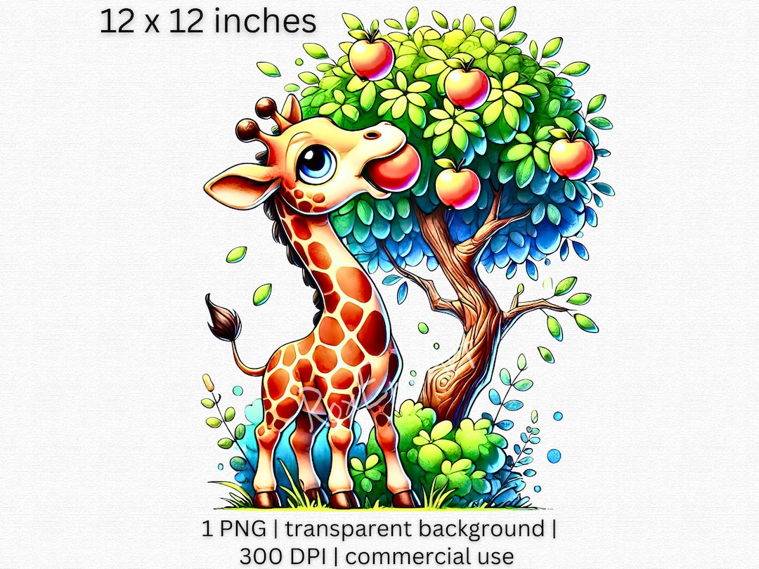 Adorable Baby Giraffe Eating Apples PNG, Cute Animal Clipart, Whimsical ...