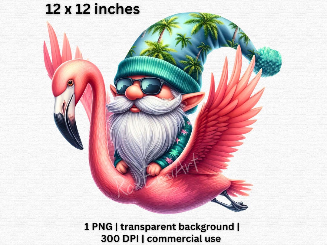 Tropical Beach Gnome Clipart, Summer Flamingo Ride PNG, Fun Gnome ...