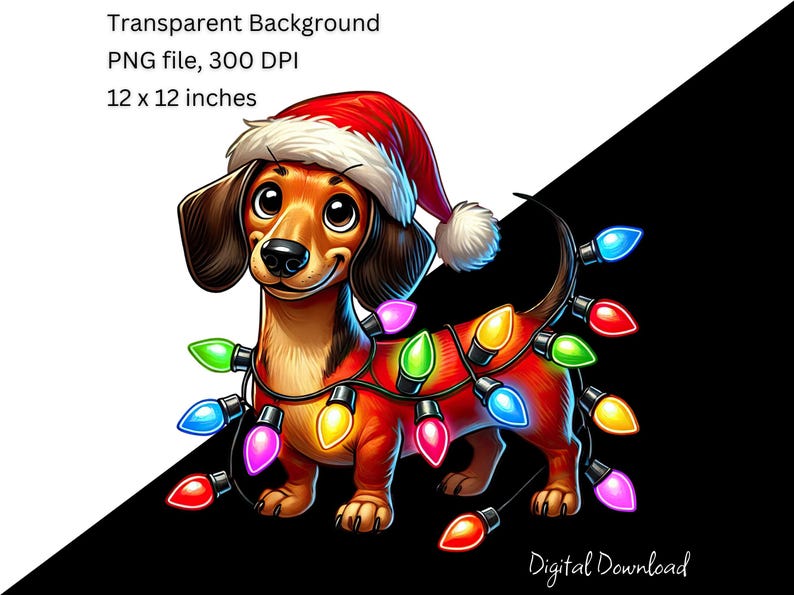 Cute Christmas Dachshund Clipart, Festive Dog With Holiday Lights ...