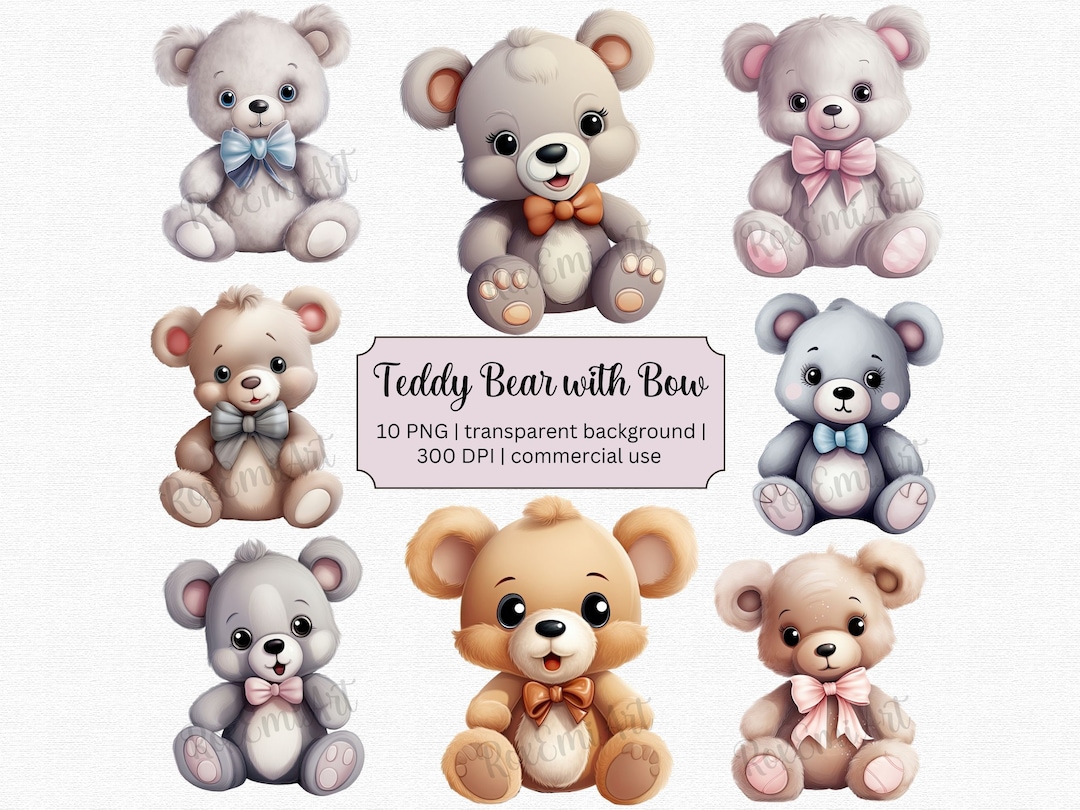 Watercolor Bow Cute Teddy Bear Clipart, Ideal for Baby Shower, Nursery ...