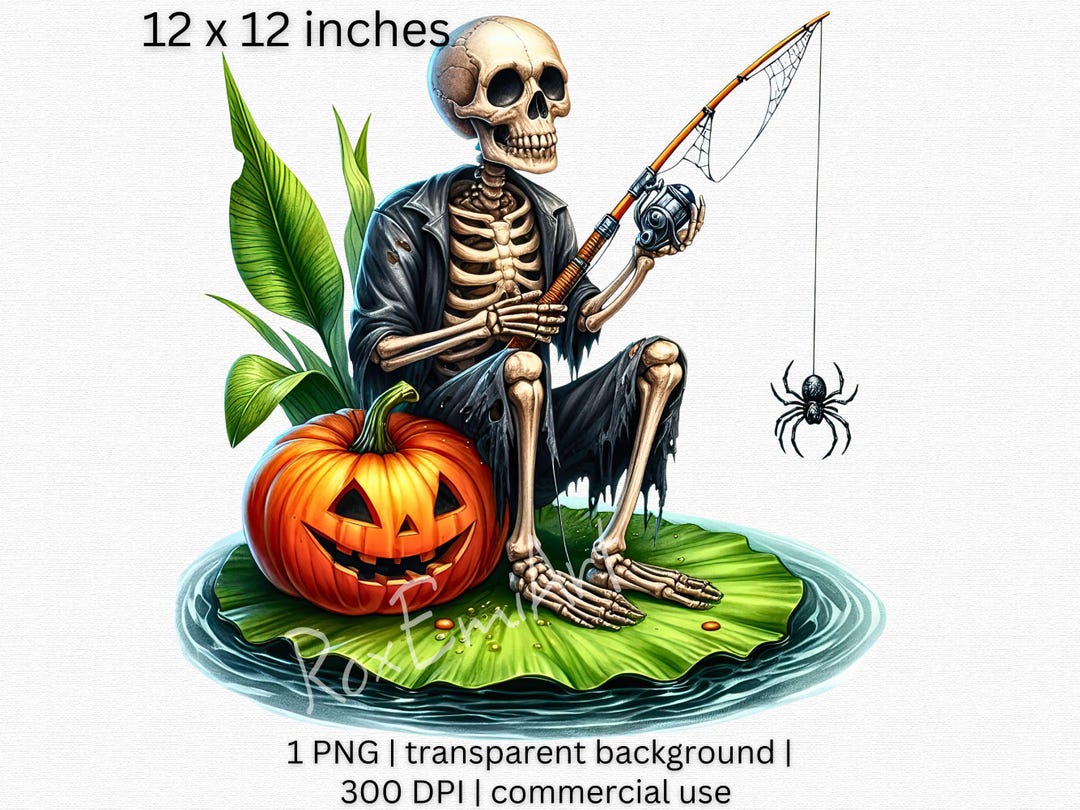 Spooky Skeleton Fishing PNG, Retro Halloween Clipart, Funny Skeleton ...