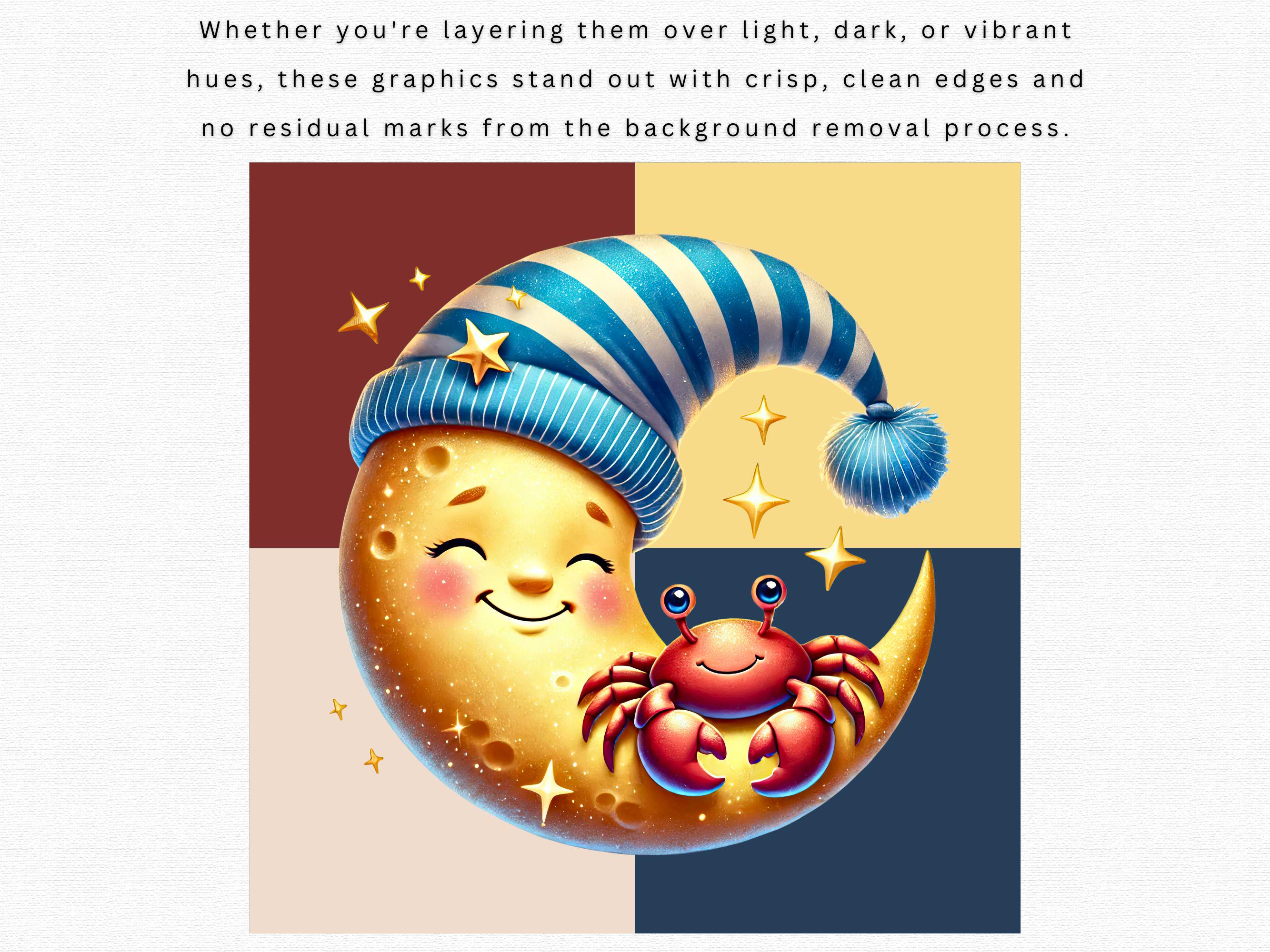 Adorable Sleepy Moon With Smiling Crab Clipart, Dreamy Illustration ...