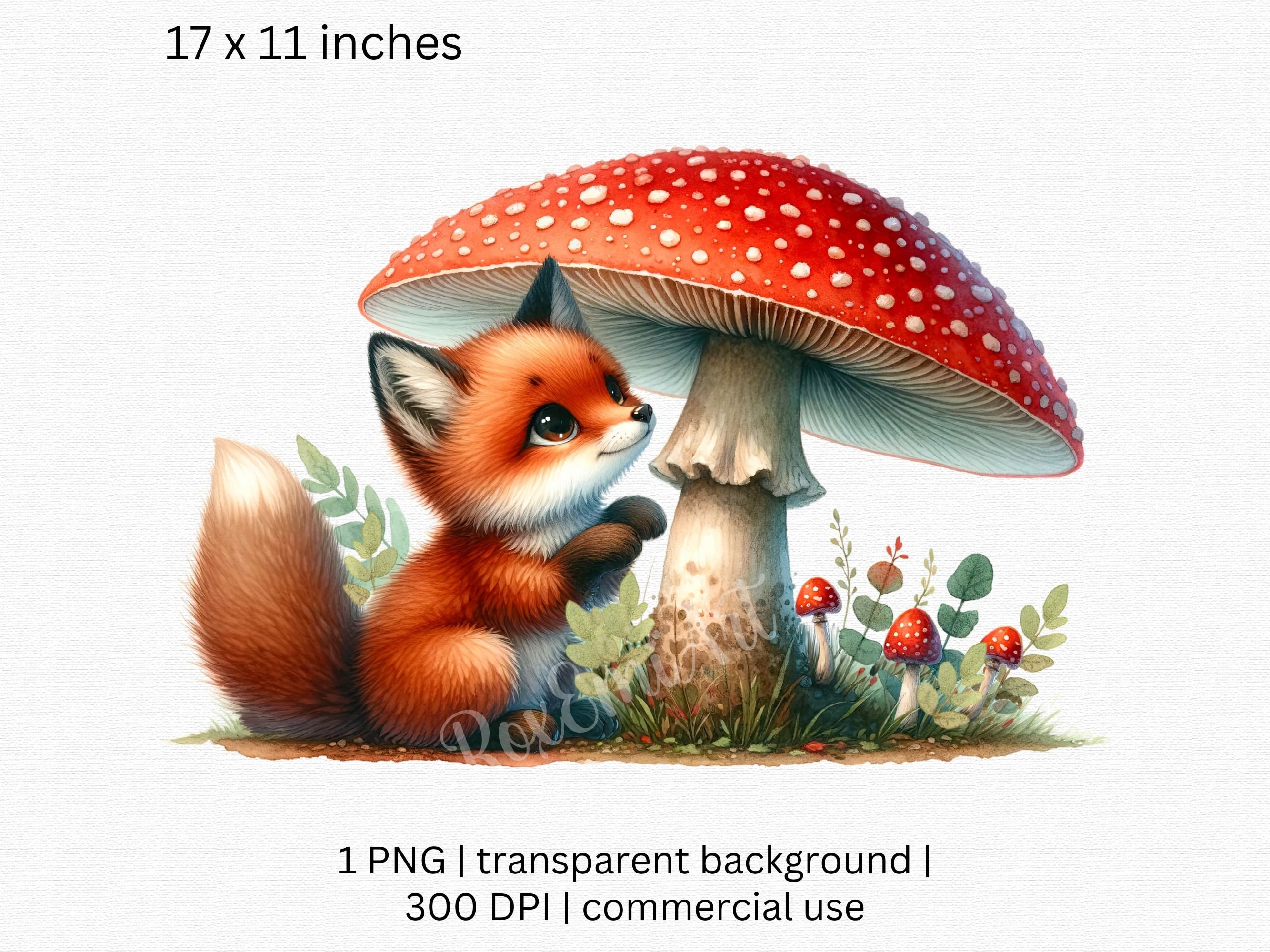 Cute Fox and Mushroom Clipart, Whimsical Watercolor Animal Portrait ...