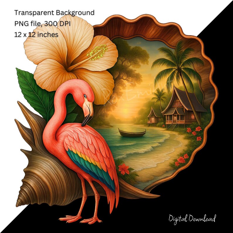 Tropical Flamingo Png, Exotic Beach Sunset Clipart, Shell Ocean Clipart ...