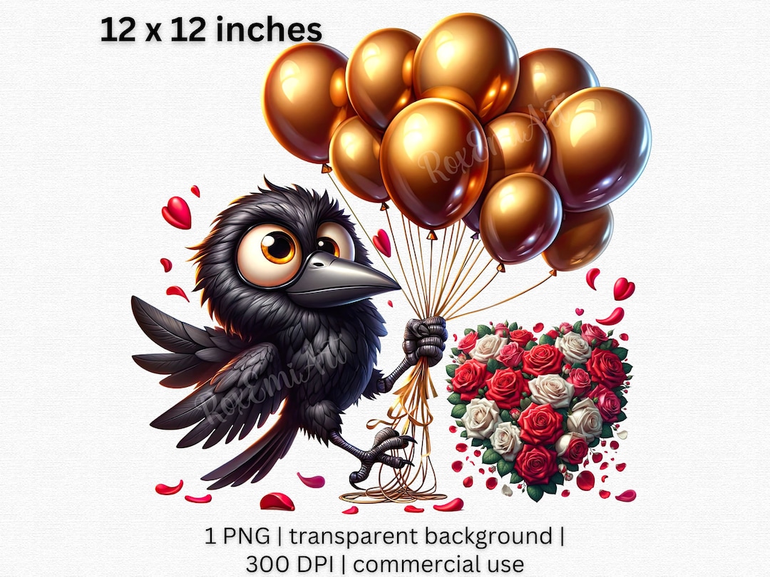 Enchanted Crow With Gilded Balloons - Heart Roses Digital Clipart for ...
