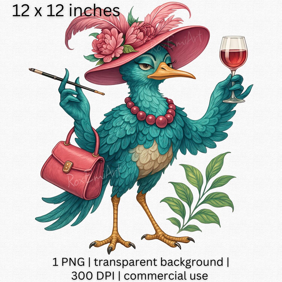 Chic Vintage Bird Clipart, Lady Bird With Wine, Hat & Pearls, Animal ...