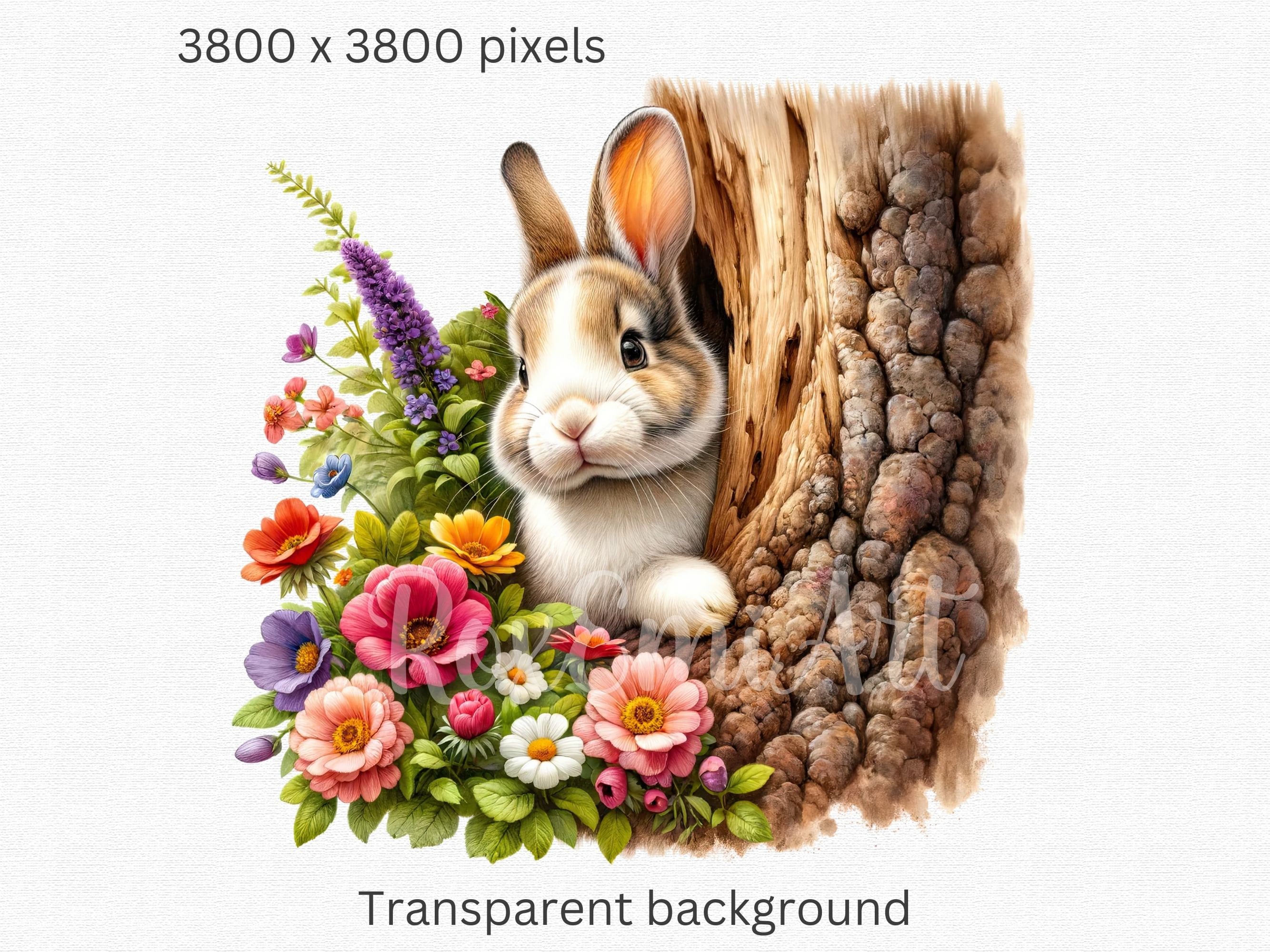 Watercolor Spring Bunny Clipart, Hollow Tree Floral Bunny PNG, Cute ...