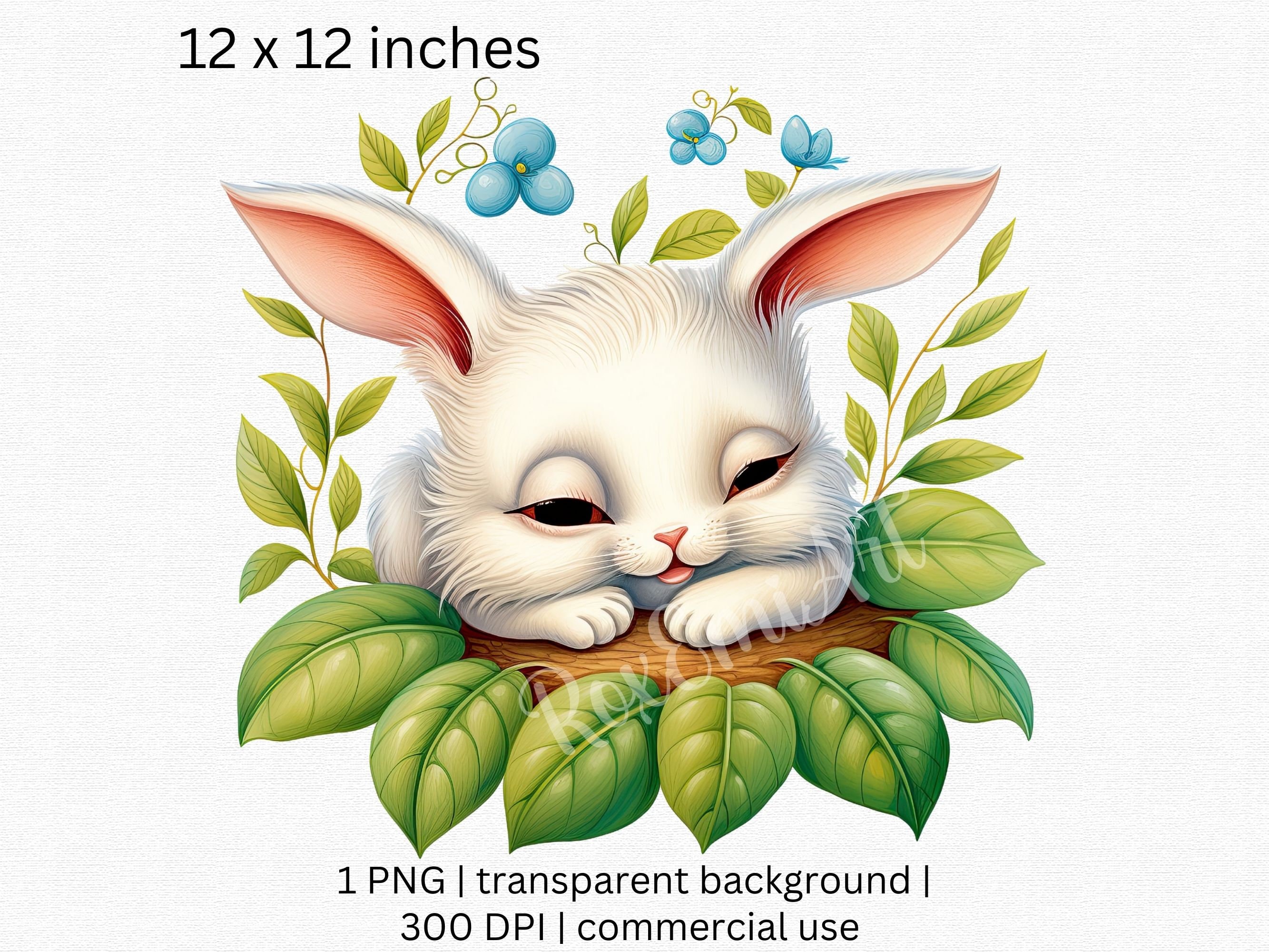 Cute Sleepy Rabbit on a Tree Stump Clipart, Watercolor Spring Bunny ...