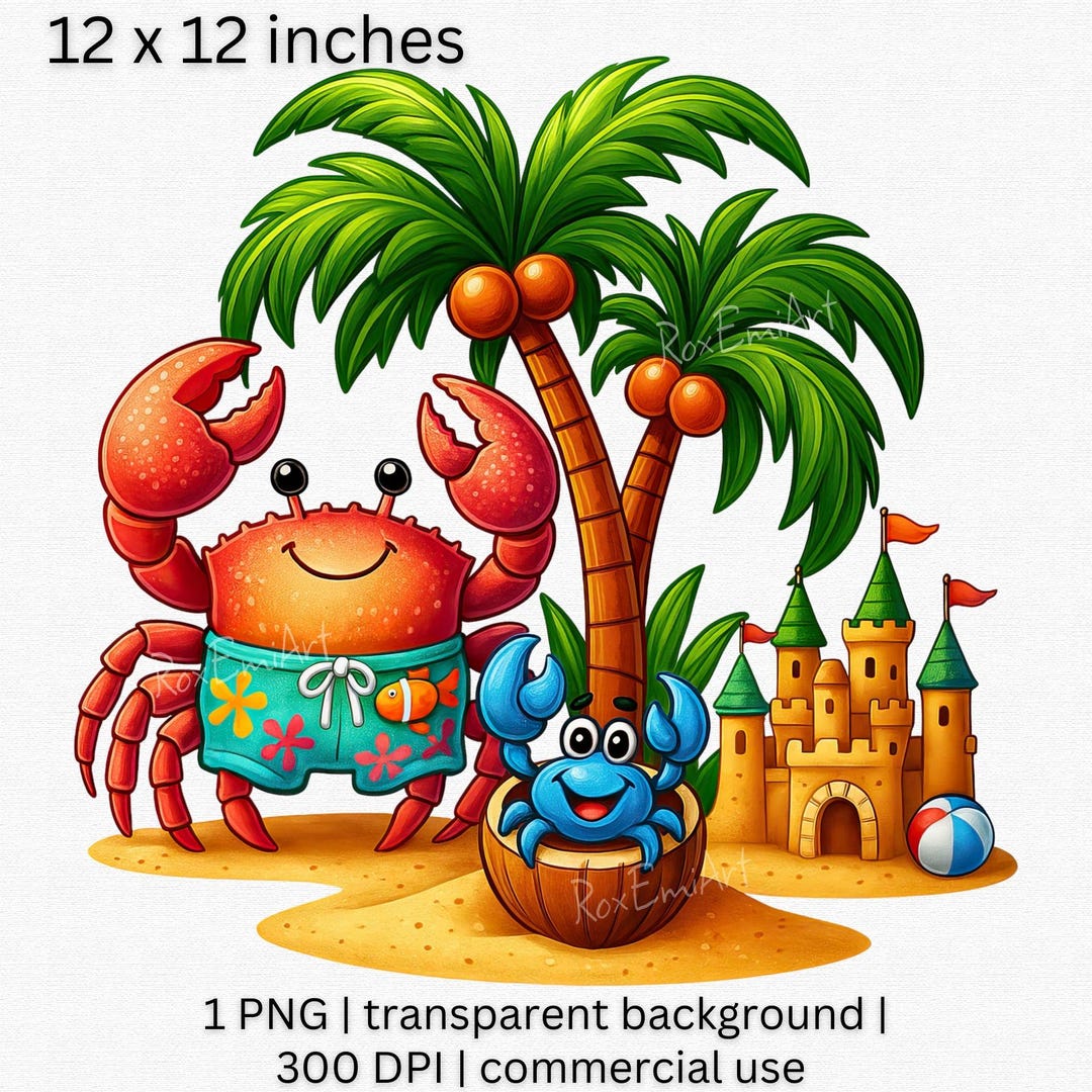 Cute Crab Clipart, Beach Clipart, Fun Vacation PNG, Sandcastle Art ...