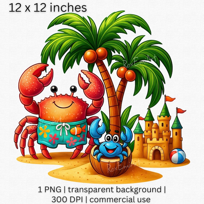 Cute Crab Clipart, Beach Clipart, Fun Vacation PNG, Sandcastle Art ...