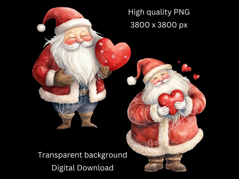 Watercolor Santa Clipart Cute Santa With Heart Transparent - Etsy