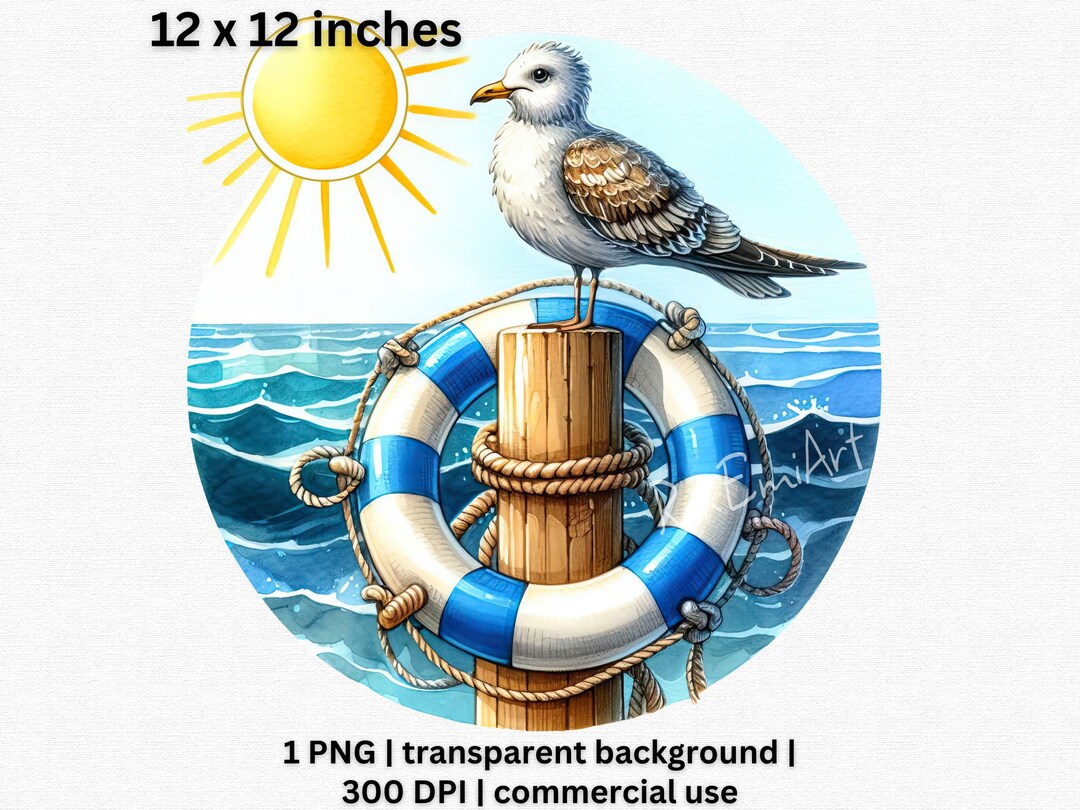 Nautical Seagull Clipart, Ocean Life Clipart, Sunny Seascape PNG ...