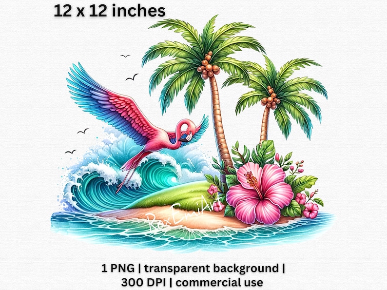 Vibrant Tropical Island and Flamingo Clipart, Hibiscus Palm Trees Ocean ...