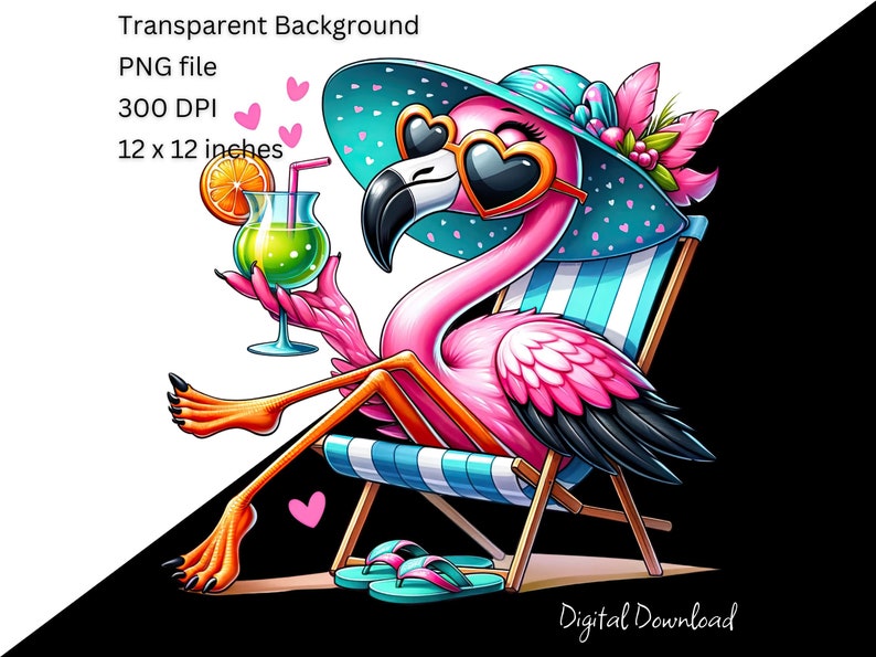 Chic Beach Flamingo Clipart, Whimsical Bird PNG, Vibrant Vacation Beach ...