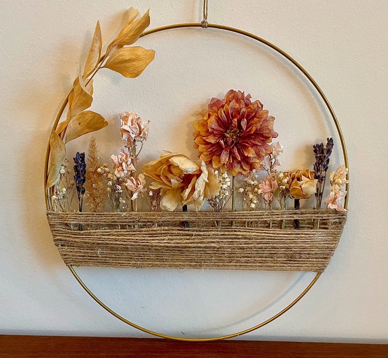 12” Floral Hoop With Dried Floral Arrangement | Dried Flowers Wreath ...