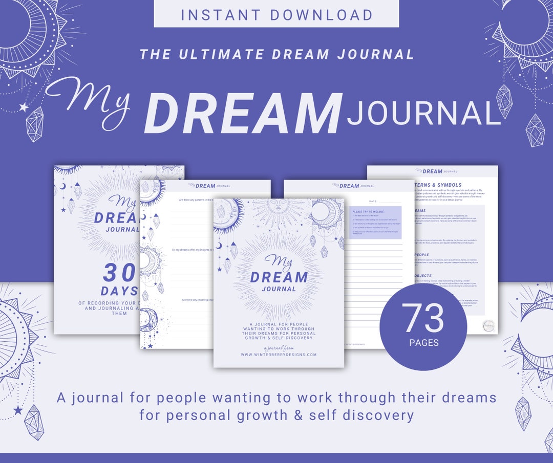 My Dream Journal - Blue- Printable - 73 Pages - 30 Days Dream Analyses ...