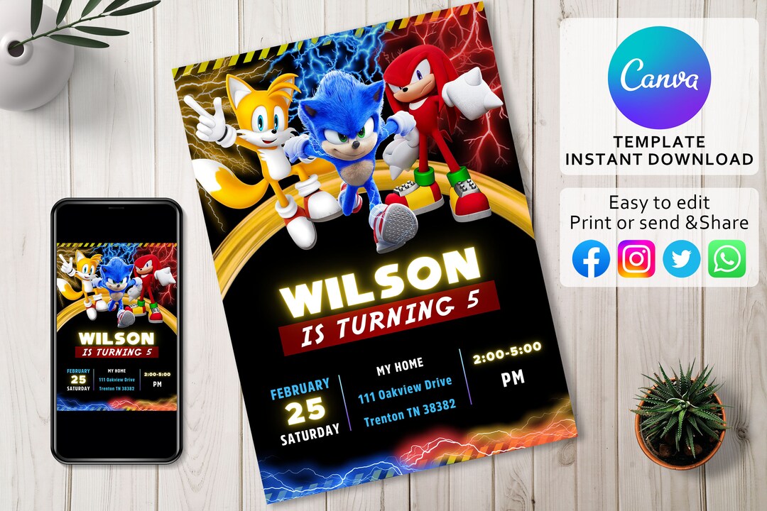 Sonic the Hedgehog Birthday Invitation - Kids Digital Invite - Digital ...
