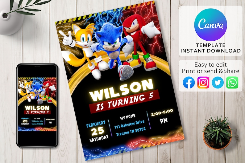 Sonic the Hedgehog Birthday Invitation - Kids Digital Invite - Digital ...