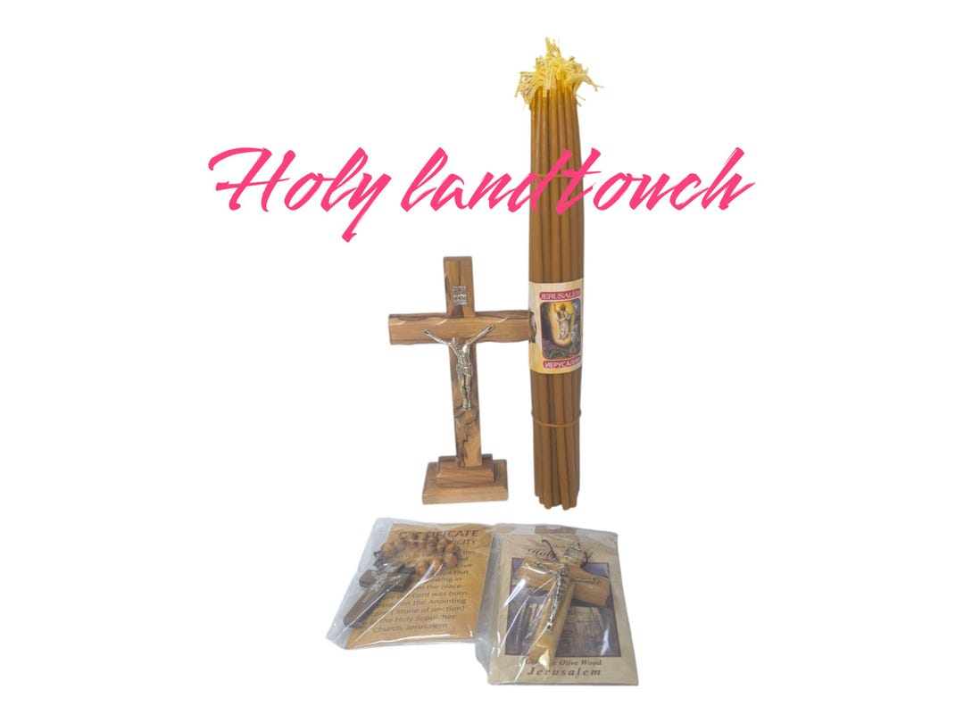 Holy Land Christian Gift Set: Beeswax Candles, Olive Wood Cross ...