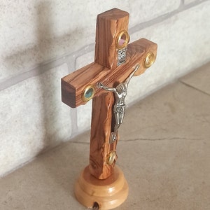 Cross Crucifix Olive Wood on Round Base Include Incense Soil Hand Made ...
