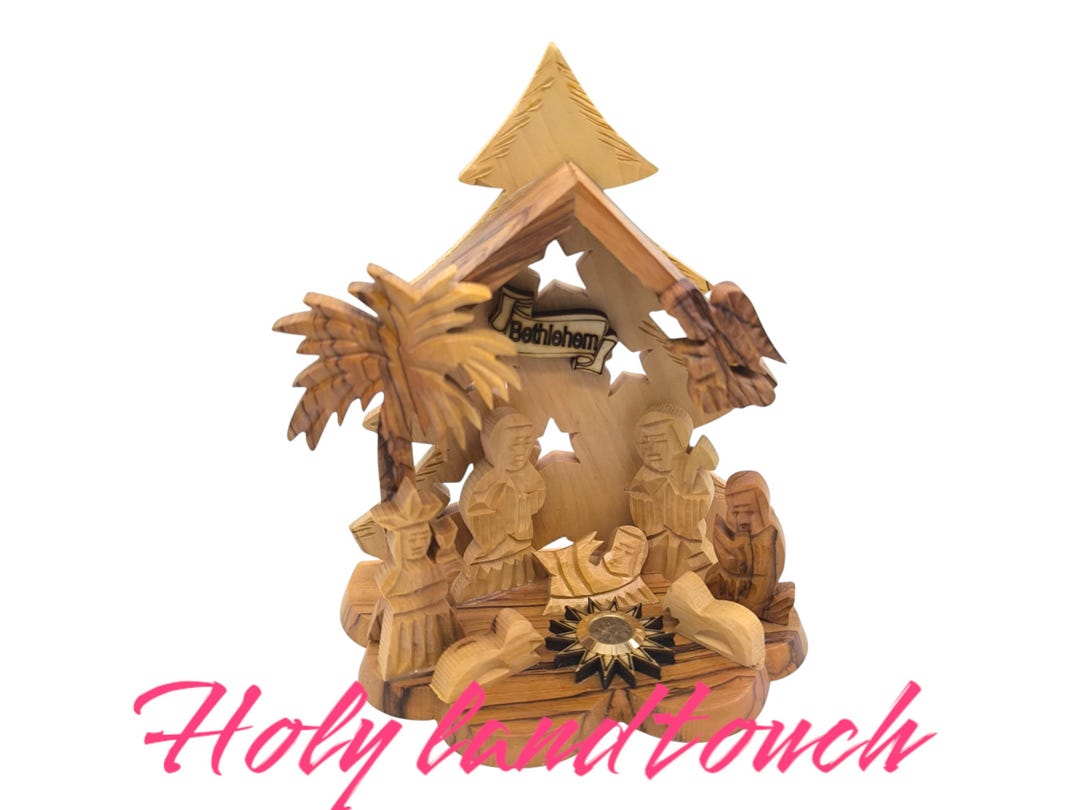 Handmade Olive Wood Nativity Grotto Scene Christmas Bethlehem Holy Land ...