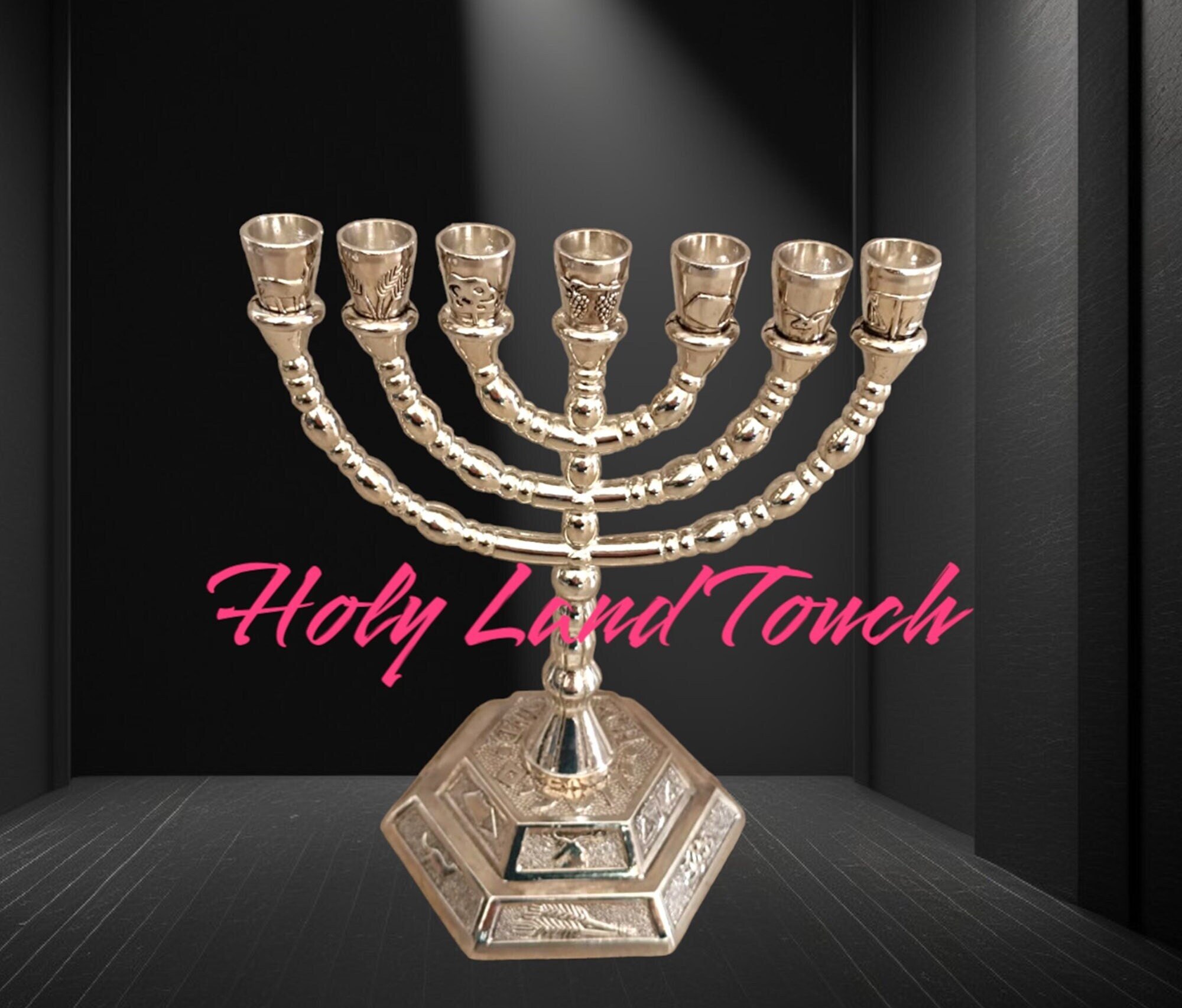 Menorah 7 Branch Large Jerusalem 12 Tribes Menorah - 5" Silver Plated ...