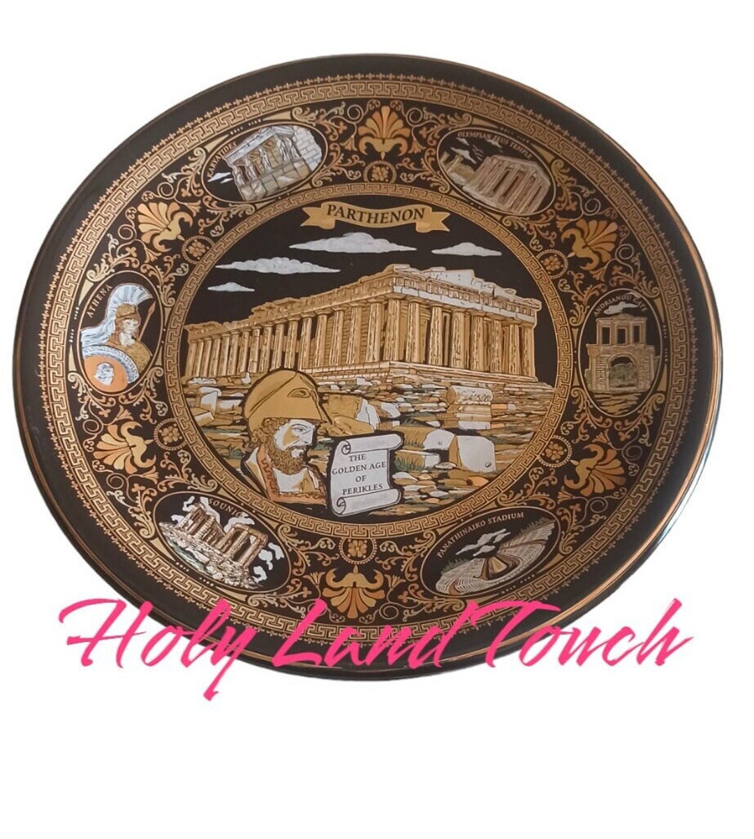 Vintage Parthenon Plate Multipictured of Athenes Gold Plated Cobalt ...