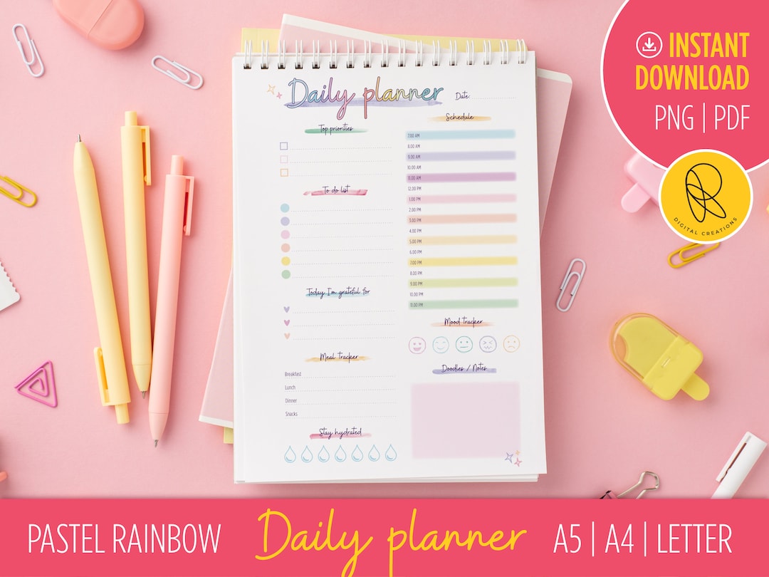 Rainbow Pastel Digital Planner, Printable Aesthetic Daily Planner, US ...