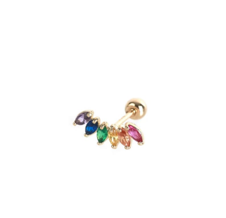 14k Solid Gold Rainbow Flower Stud Earrings, Marquise CZ Lotus Flower ...