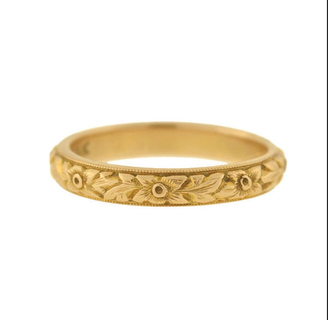 Vintage 10K Yellow Gold Milgrain Wedding Ring Handmade Leaf Engraved ...