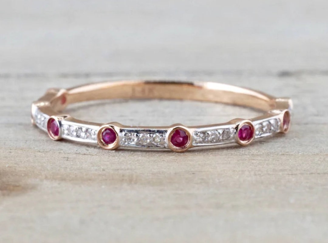14k Gold Art Deco Ruby and Diamond Half Eternity Womens Wedding Ring / Stackable Ruby Diamond ...