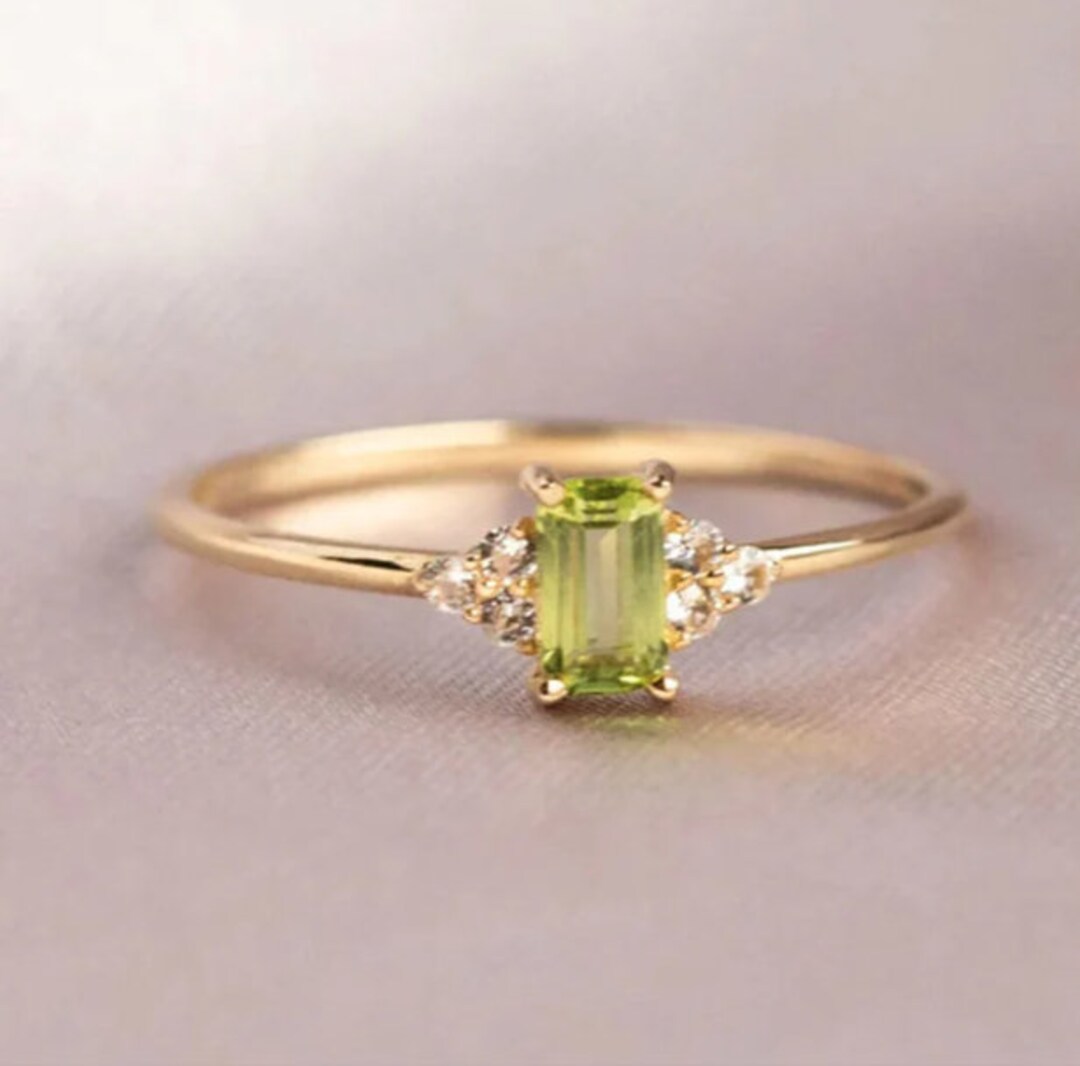 14k Gold Peridot Ring, Solitaire Peridot Ring, Baguette Peridot Ring ...