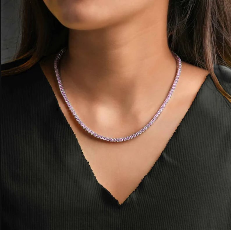 Pink Sapphire Tennis Necklace in 14k 18k Gold, Natural 2 Mm 8ct Pink ...