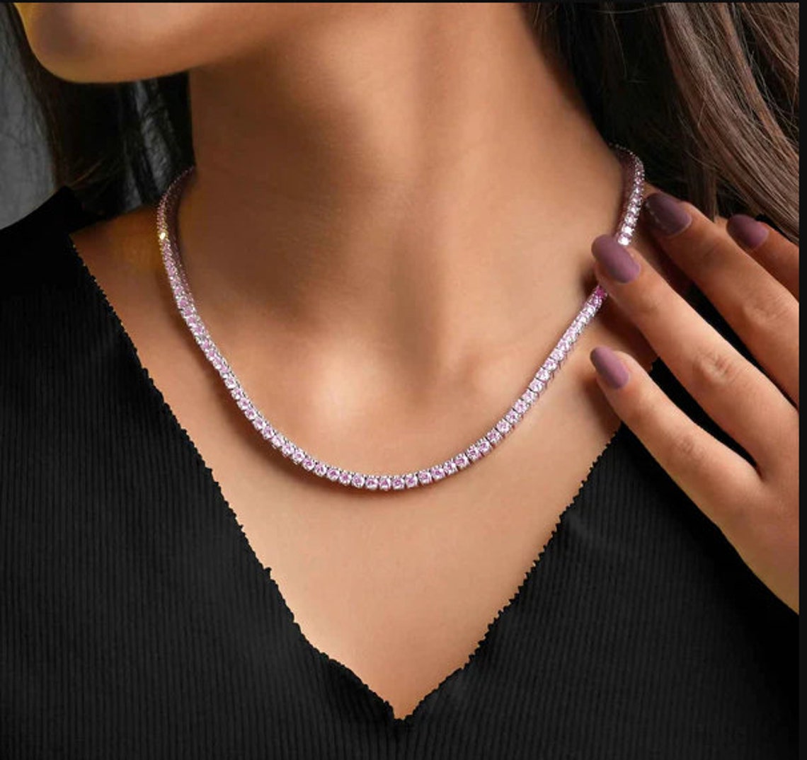 Pink Sapphire Tennis Necklace in 14k 18k Gold, Natural 2 Mm 8ct Pink ...