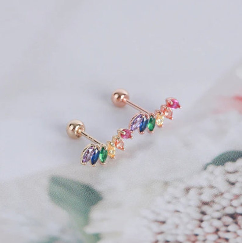 14k Solid Gold Rainbow Flower Stud Earrings, Marquise CZ Lotus Flower ...