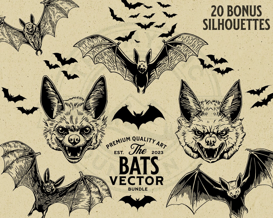 Bat Vintage Vector Illustration With Silhouettes Bundle for Halloween ...