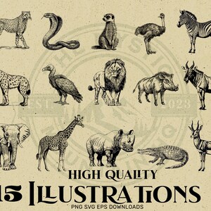 30 Vintage Grassland Wild Animals (15 Illustration + 15 Silhouette ...