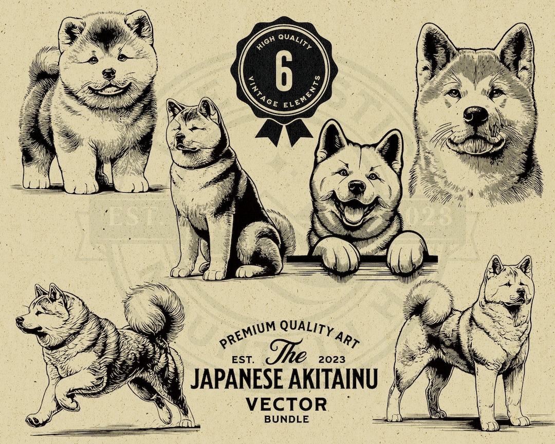 Japanese Akita Dog Vector Art Bundle, Puppy & Peeking Dog (digital ...