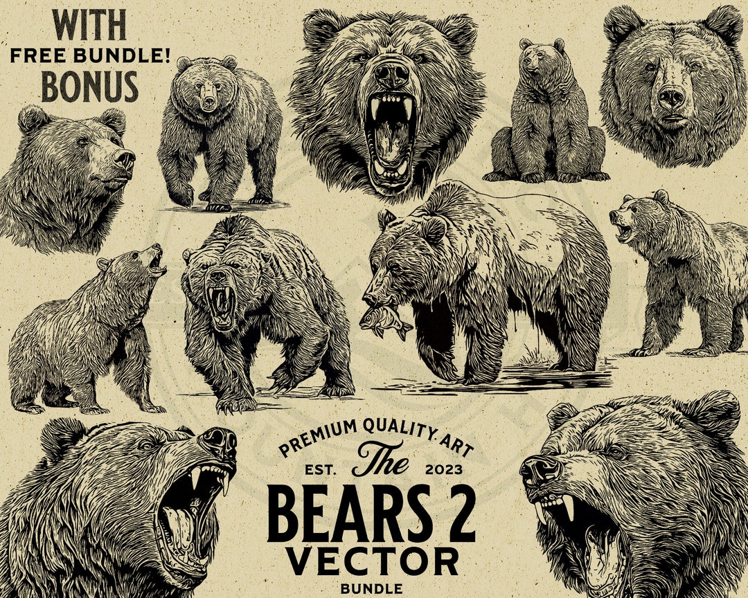 Grizzly Bear, Bear Head Vector Illustration Bundle, Commercial Use ...