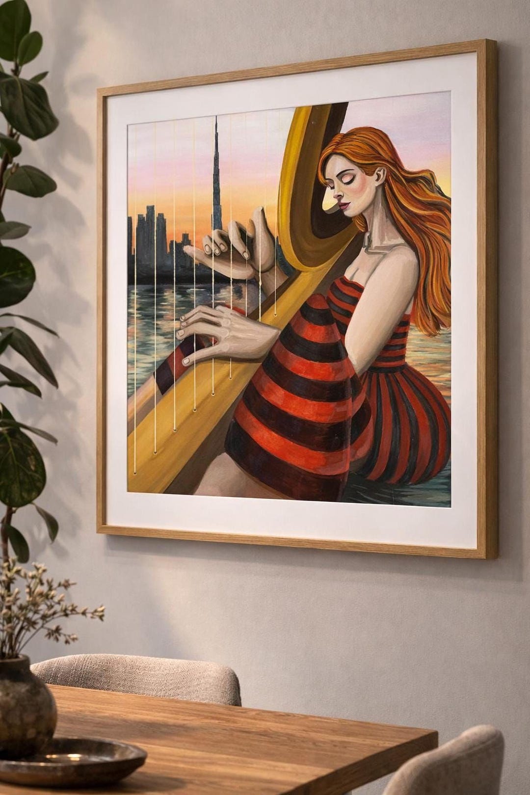 Surreal Giant Harpist Woman Print, Dreamlike Cityscape Wall Art, Modern ...