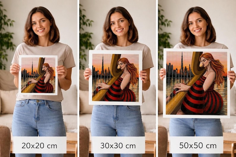 Surreal Giant Harpist Woman Print, Dreamlike Cityscape Wall Art, Modern ...