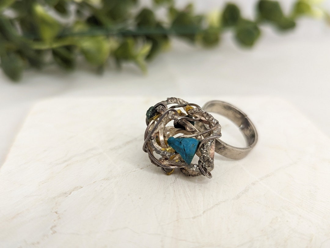 One of A Kind Brutalist MCM Elias Peru Handmade Silver and Rough Stones ...